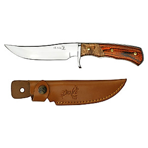 Elk Ridge - Outdoors Fixed Blade Knife, 9.5-in Overall, Satin Finish Stainless Steel Blade, 2 Tone burl Wood Handle, Genuine Leather Sheath, Hunting, Camping, Survival - ER-085