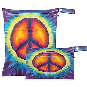 visesunny Abstract Peace Sign Design Tie Dye 2Pcs Wet Bag with Zippered Pockets Washable Reusable Roomy Diaper Bag for Travel,Beach,Daycare,Stroller,Diapers,Dirty Gym Clothes,Wet Swimsuits,Toiletries