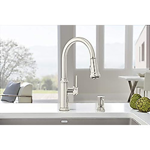 BLANCO KF-442506 Empressa Pull-Down Bridge Kitchen Faucet with Soap Dispenser, Polished Nickel