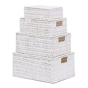 4 Set of Storage Baskets (Pearl White) - Rattan Decorative Box & Closet Organizers and storage & Basket with Lid & small basket with lid, decorative baskets for Clothes, Toys, Books