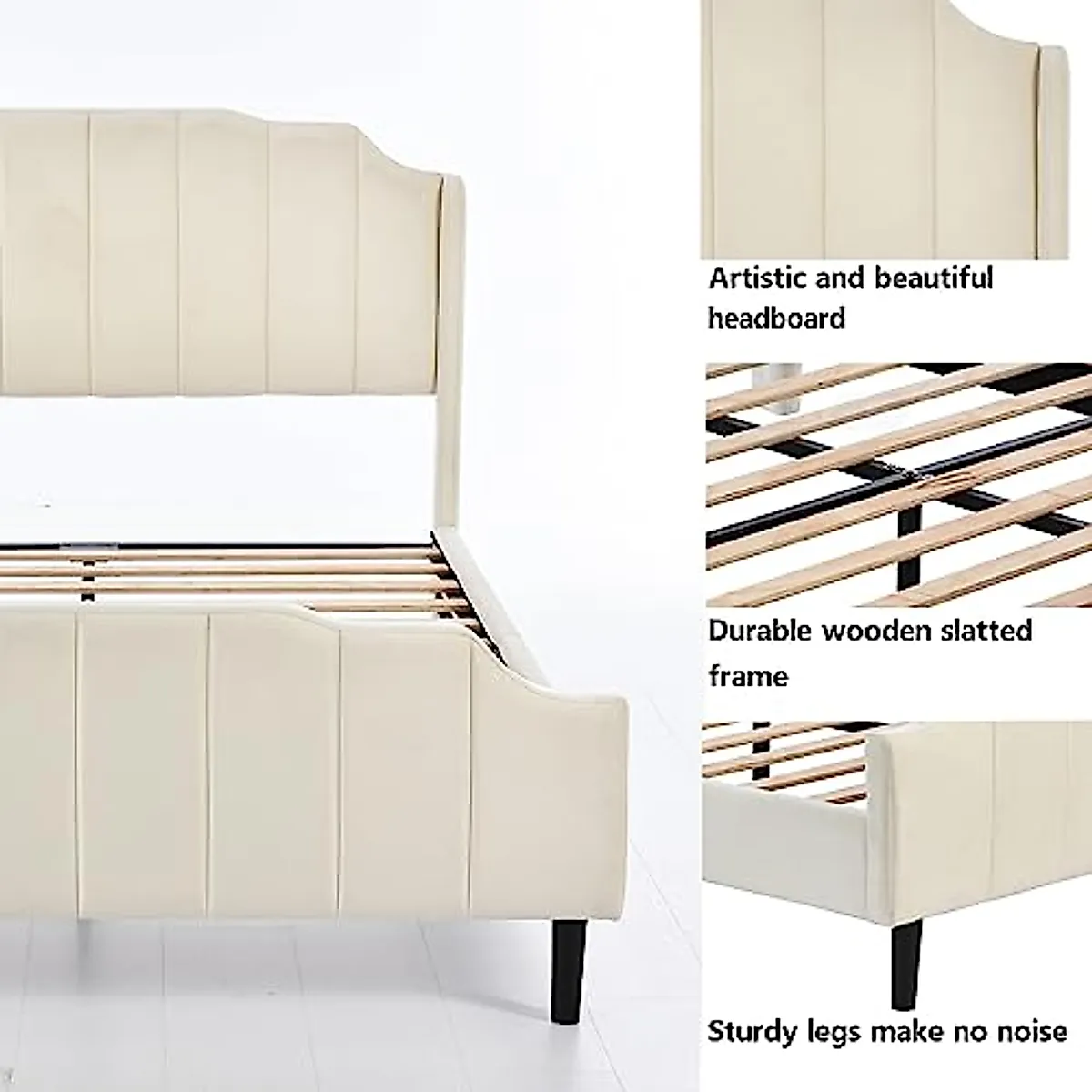 GLORHOME Queen Size Upholstered Platform, Bed Frame with Headboard and Footboard for Living Room/Bedroom, Velvet Fabric,Beige