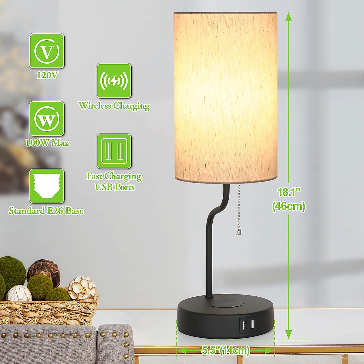 Wireless Charging Bedside Lamps with 2 USB Ports, Set of 2 Table Lamps for Bedroom, Modern Nightstand Lamps, Desk Lamps with E26 Socket Round Fabric Lampshade for Living Room Office Reading Working