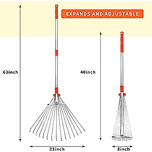 Karveden Adjustable Leaf Rake Garden- Expandable Metal Rakes for Lawns Yard Roof , Outdoor Portable Gardening Tools 8 to 63 Inch Telescopic Rake Easy to Clean Weed, Flowers,Leaves (Orange)