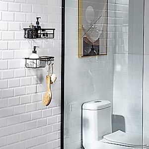 R FLORY Shower Caddy Shower Organizer Shelf with Hooks No Drilling Self Adhesive Hanging Rustproof Storage Holder Stall Basket for Bathroom Kitchen Shelf Rack Stainless Steel Black-2 Pack