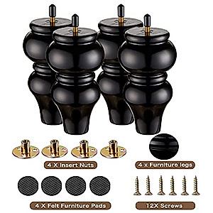 HFXIAO 6 inch Sofa Legs Wood Furniture Legs Sofa Legs Set of 4 Pyramid Couch Legs Mid-Century Modern Brown Replacement Legs for Chair Recliner, Black