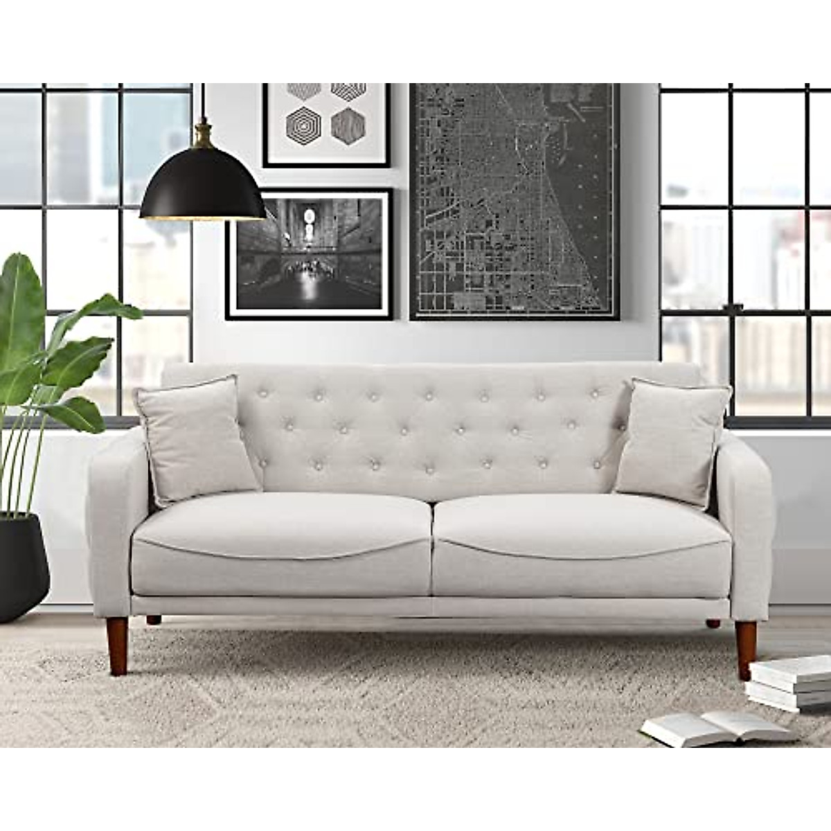 Aoowow Linen Fabric Sofas and Couches 78 Inches Long, Mid Century Modern Couch Tufted Back Sofa with 2 Throw Pillows, Armrest and Wooden Legs for Living Room, Apartment, Bedroom (Beige)