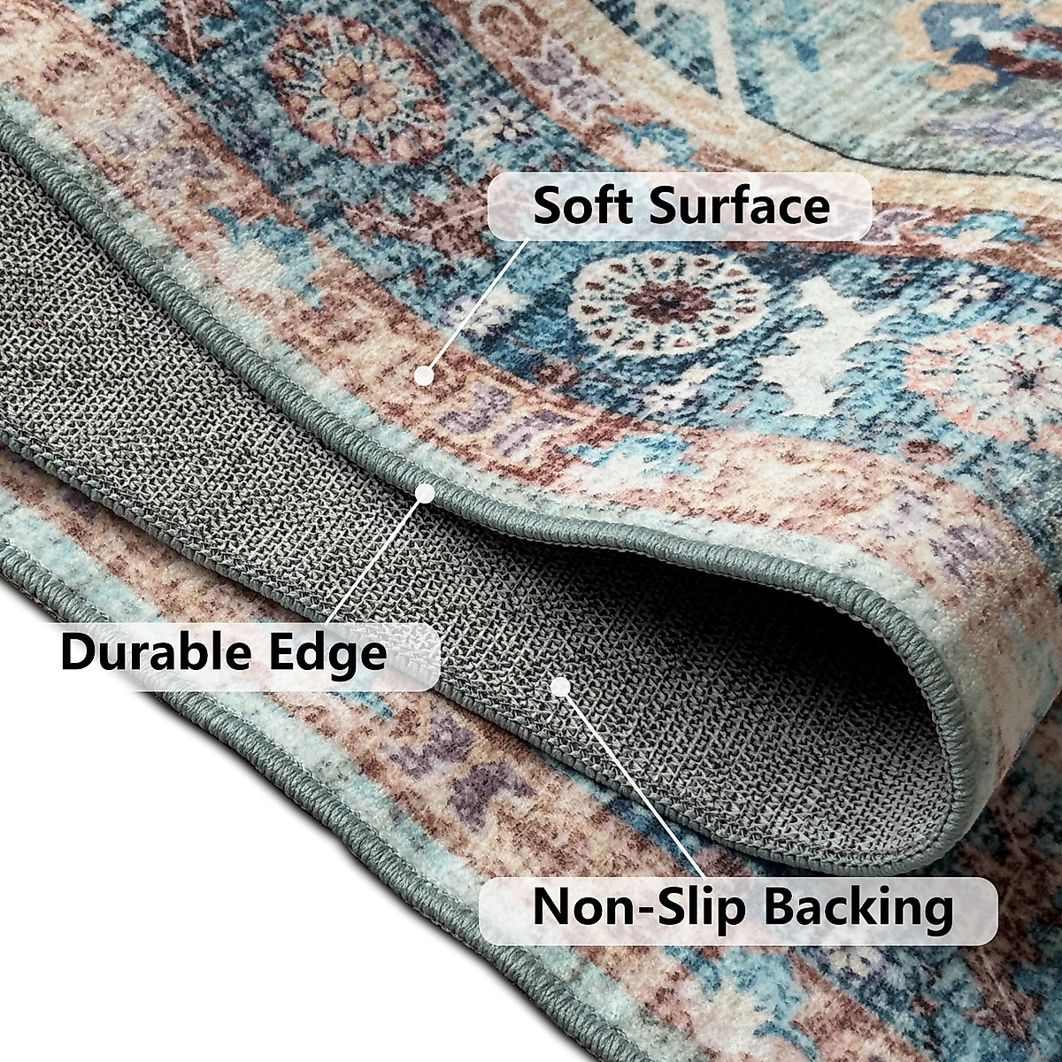 VOTOWN HOME Area Rug 6'x9' - Vintage Design Washable Living Room Rug with Non-Slip Rubber Backing, Non-Shedding, Faux Wool Vintage Boho Area Rug for Bedroom, Dining Room and Laundry Room