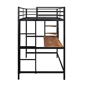 Twin Loft Bed with Desk, Metal Loft Bed Frame with Storage Shelves (Twin Size, Black)