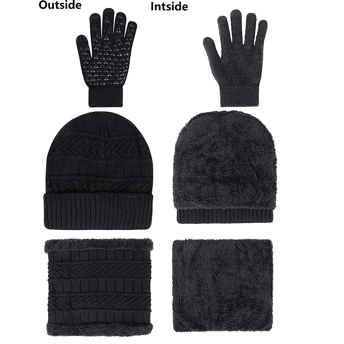 Warm Beanie Hat Scarf Gloves Set for Men, Includes Fleece Beanie Hats,Fleece Scarf, Winter Knit Glovesand Ear Warmers for Men Women (Black)