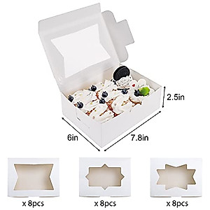 Moretoes 24pcs 8x6x2.5 Inches Cookie Treat Boxes White Bakery Boxes with 3 Style Window for Cookie, Pastry, Dessert,Chocolate Covered Strawberry and Candy GIft-giving