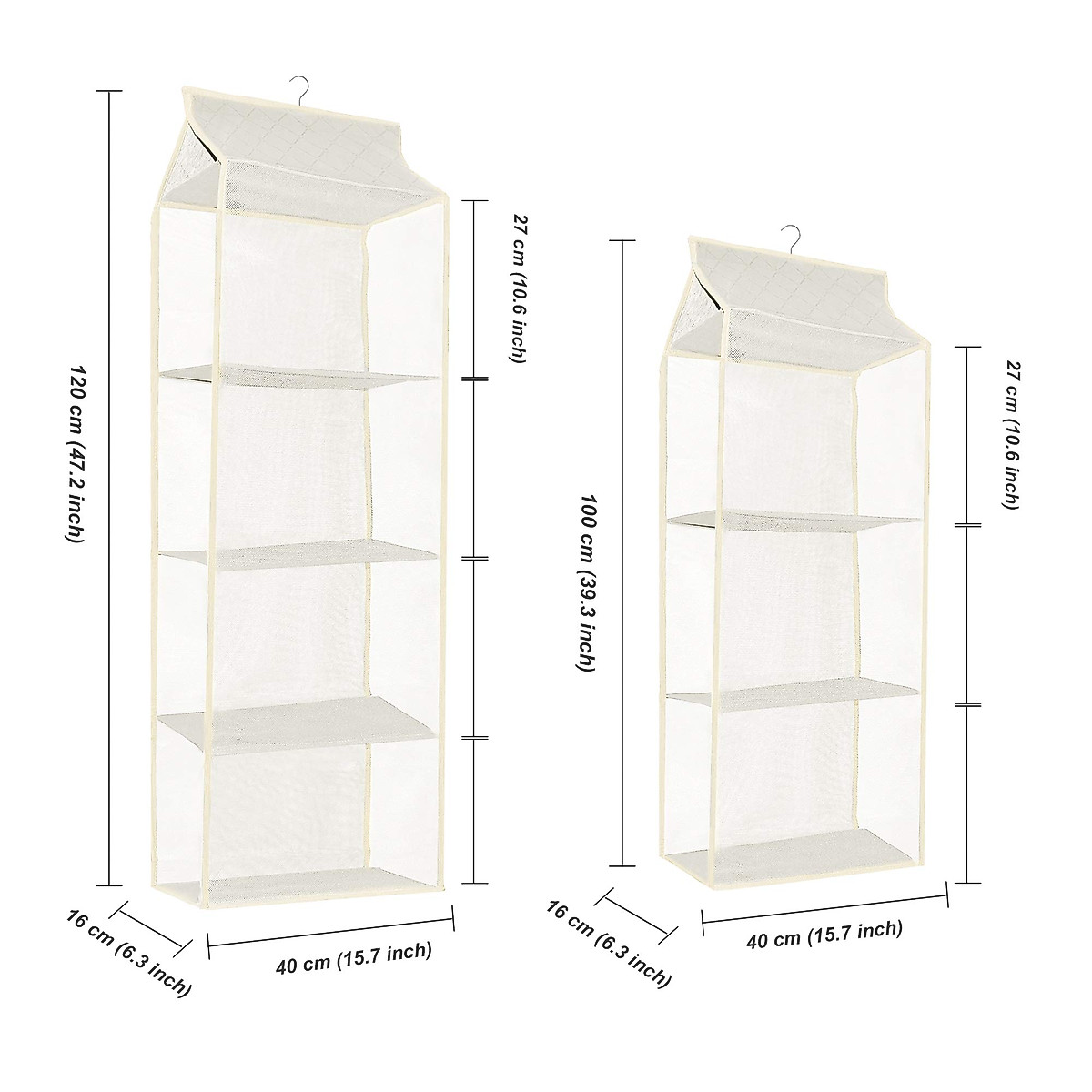 souG 2 Pack Hanging Handbag Purse Organizer for Closet, Purse Bag Storage Holder for Wardrobe Close with 1pcs 4 Shelves Space and 1pcs 3 Shelves Space Saving Purse Organizers System (Beige)