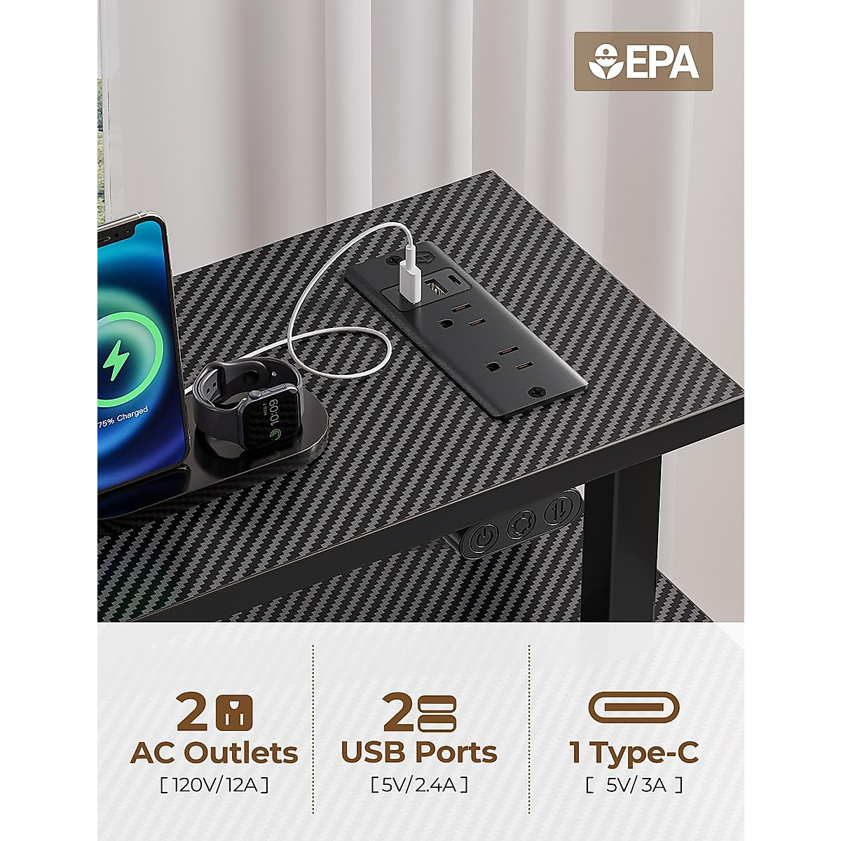 Rolanstar Computer Desk with Power Outlets & LED Light, 39 inch Home Office Desk with 3 Drawers and Storage Shelves, Writing Desk with Monitor Stand, Modern Work Desk for Home Office, Carbon Black