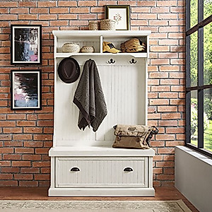 Crosley Furniture Seaside Hall Tree, Entryway Bench with Coat Rack and Shoe Cabinet, Distressed White