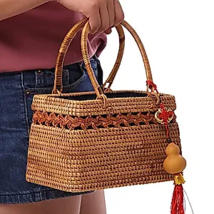 Rattan Woven Handbag Tote Bag w/Cucurbit & Tassel Accessory, Chinese Natural Women Beach Purse Basket for Summer, Mom's Gift (Size : 25x15x15cm/9.8x5.9x5.9in)