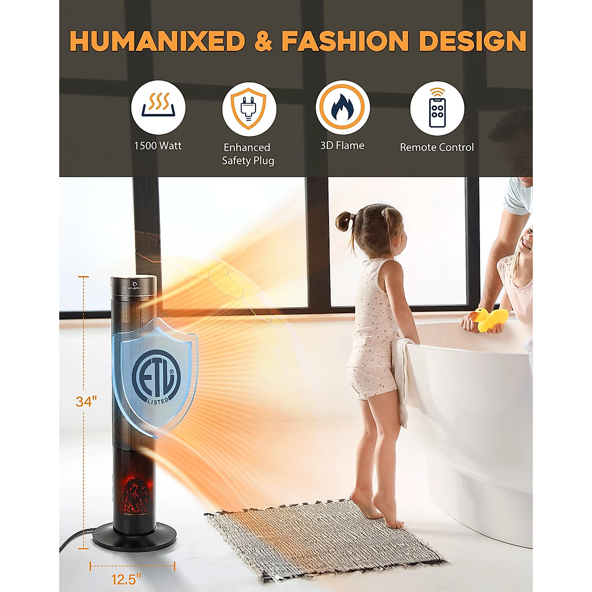 Space Heater Indoor, Airvention 1500W 34" Electric Heater for Large Room, 4 Modes,12H Timer, PTC Ceramic Heating with Thermostat, Remote, Portable Tower Heater for Office, Bathroom, Bedroom,AI-H300