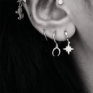 Tiny Moon Dangle Hoop Earrings for Women Girls S925 Sterling Silver Charms Hoops Crescent Half Moon Horn Drop Tiny Cuff Cartilage Helix Minimalist Polished Earrings Fashion Jewelry (Silver)