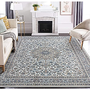 Area Rug Living Room Rugs: 5x7 Large Machine Washable Non Slip Thin Carpet Soft Indoor Luxury Floral Distressed Carpets for Under Dining Table Farmhouse Bedroom Nursery Home Office Multi
