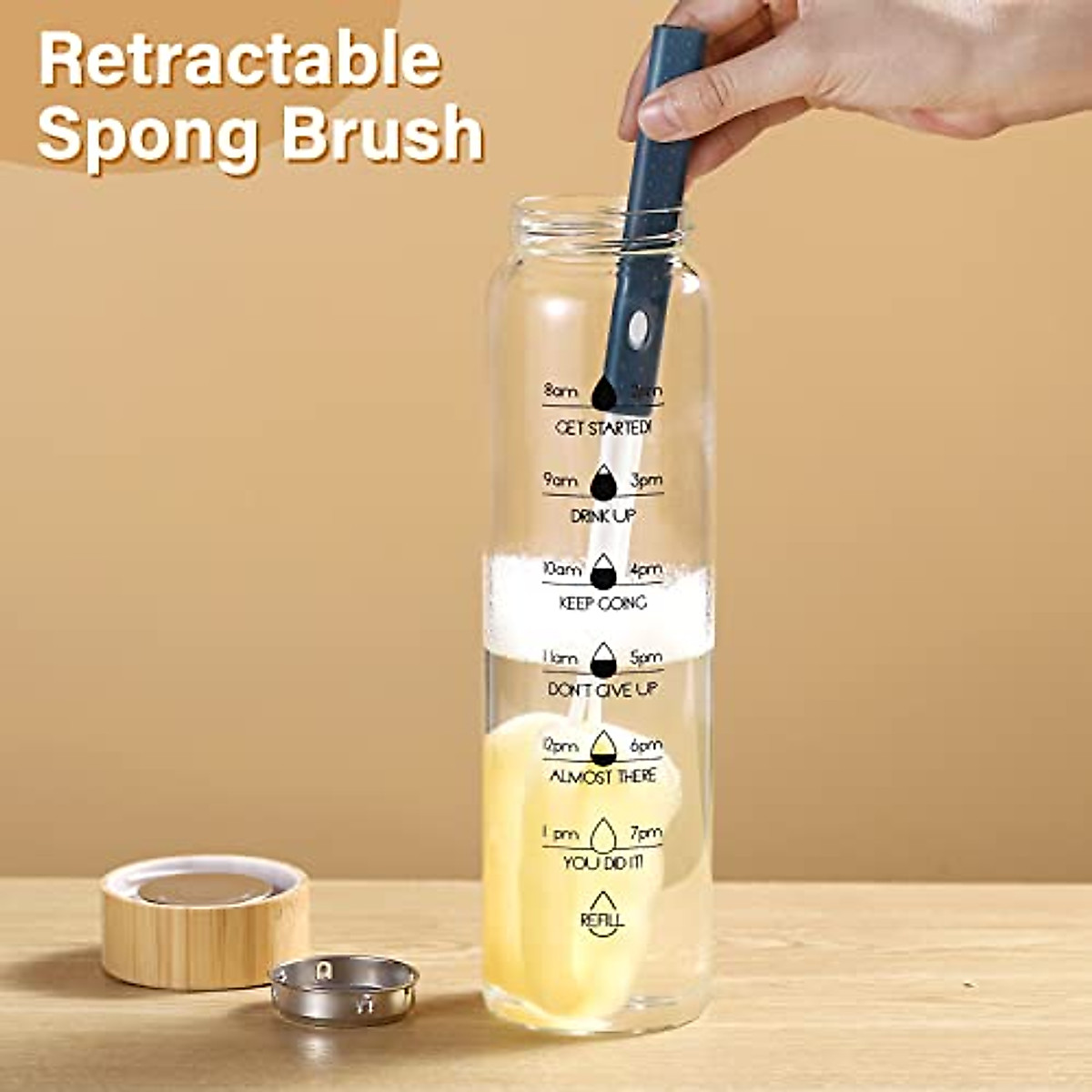 ZDZDZ Large Glass Water Bottle with Bamboo Lid, 33oz Travel Water Bottle with Time Marker and Rmovable Infuser, Glass Tea Infuser Bottle for Tea Milk Coffee Lemonade