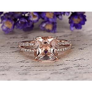 Pink Morganite Engagement Ring,8mm Cushion Cut Stone,Solid 14K Rose Gold,Split Shank Band