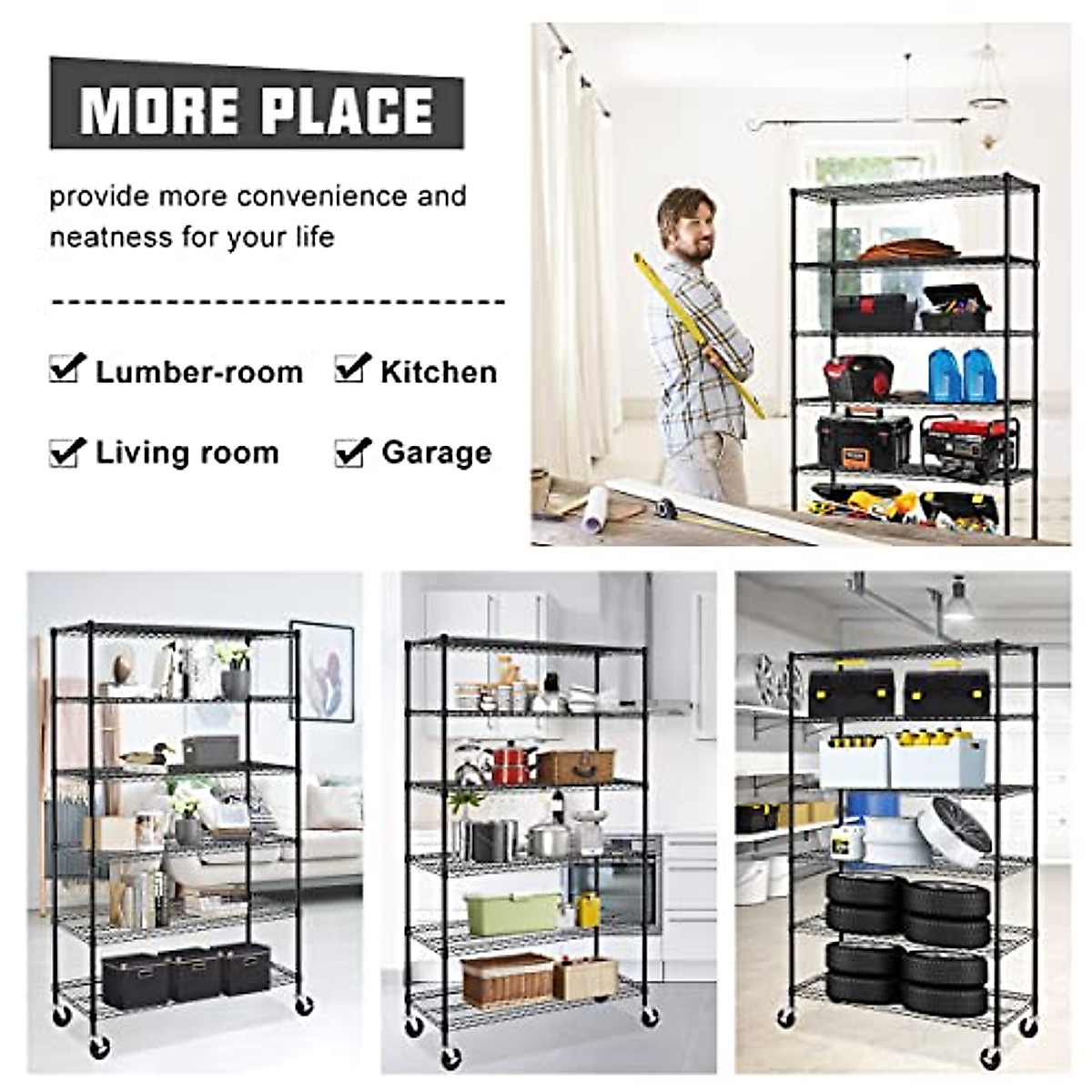 Dlewmsyic 6 Tier Storage Shelves, 5999 Lbs Capacity Metal Shelf with Wheels Height Adjustable NSF Certification 48" L×18" W×72" H Heavy Duty Wire Shelving Units for Garage Pantry Kitchen Rack, Black