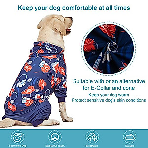 LovinPet Big Dogs Breeds Jammies, Wound Care/Post Surgery clothes, Pet Anxiety Relief for Dogs, Lightweight stretchy, Large Breed Dog Pajamas, Reflective Stripe, Floral Navy & Red Print, Pet Pj's /2XL