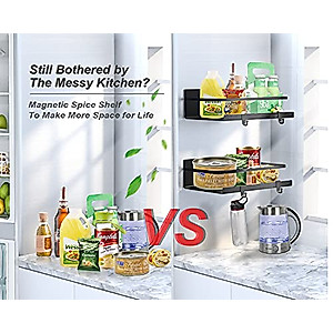 LITINEE Magnetic Spice Rack for Refrigerator Magnetic Shelf with 4 Removable Hooks, Strong Magnetic Spice Rack Perfect Space Saving for Holding Spices, Jars, Bottle, Olive Oil (Black, 2Pack)