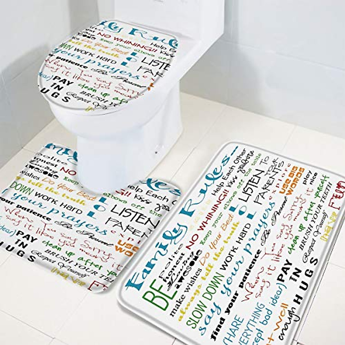 Libaoge Bathroom Mat Sets 3 Piece/Set Rugs Family Rule Cartoon Artistic Print Memory Foam Mat Set Matches Anti-Skid Absorbent Toilet Seat Cover Bath Mat Lid Cover 20"x31"+16"x18"+16"x20"