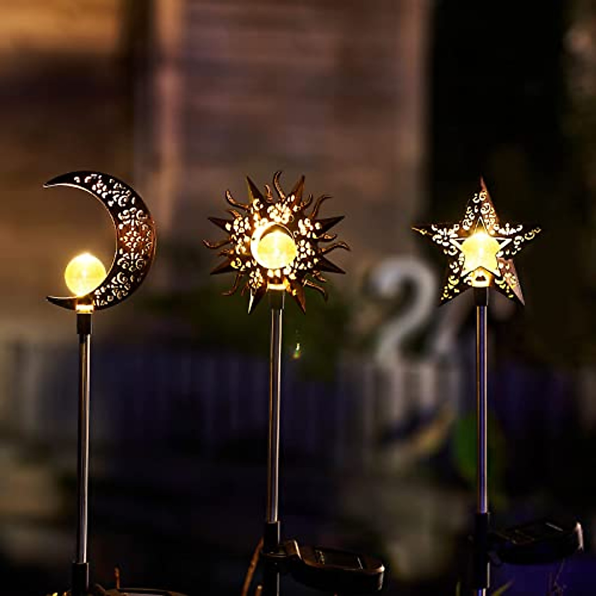 Tryme Solar Lights Outdoor Garden Decorations Sun Moon Star Stake Light Decorative Waterproof Warm White LED Yard Decor for Pathway Lawn Patio Courtyard Backyard