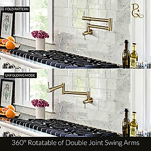 Brassqueen Wall Mounted Pot Filler Kitchen Faucet, Brushed Gold Finish, 2.2 GPM, 15 L/min, 1/2 NPT Connecting Thread, Stainless Steel Core, Dual Ceramic Valves, Anti-Scratch Matte Plating