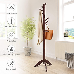 Tangkula Wood Tree Coat Rack Freestanding, Entryway Coat Stand with 11 Hooks & Stable Tri-Legged Base, Elegant Coat Hall Tree Coat Hanger Stand for Home Office Hallway Entryway