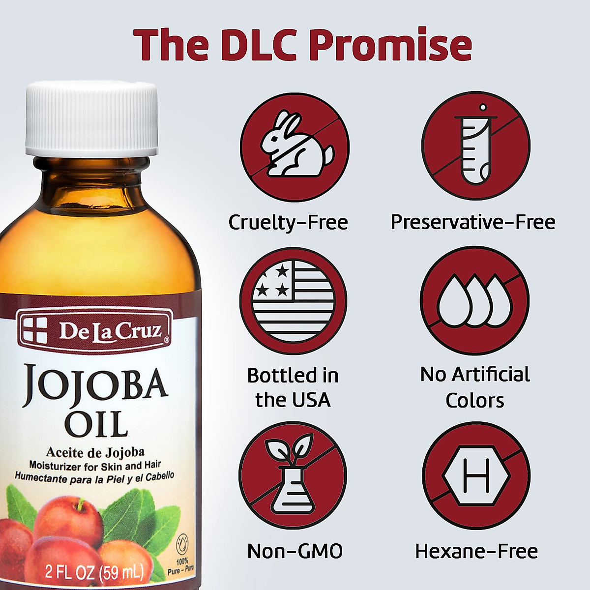 De La Cruz 100% Pure Cold-Pressed Golden Jojoba Oil - Organic Jojoba Oil for Hair and Skin - 2 FL OZ - 59 mL
