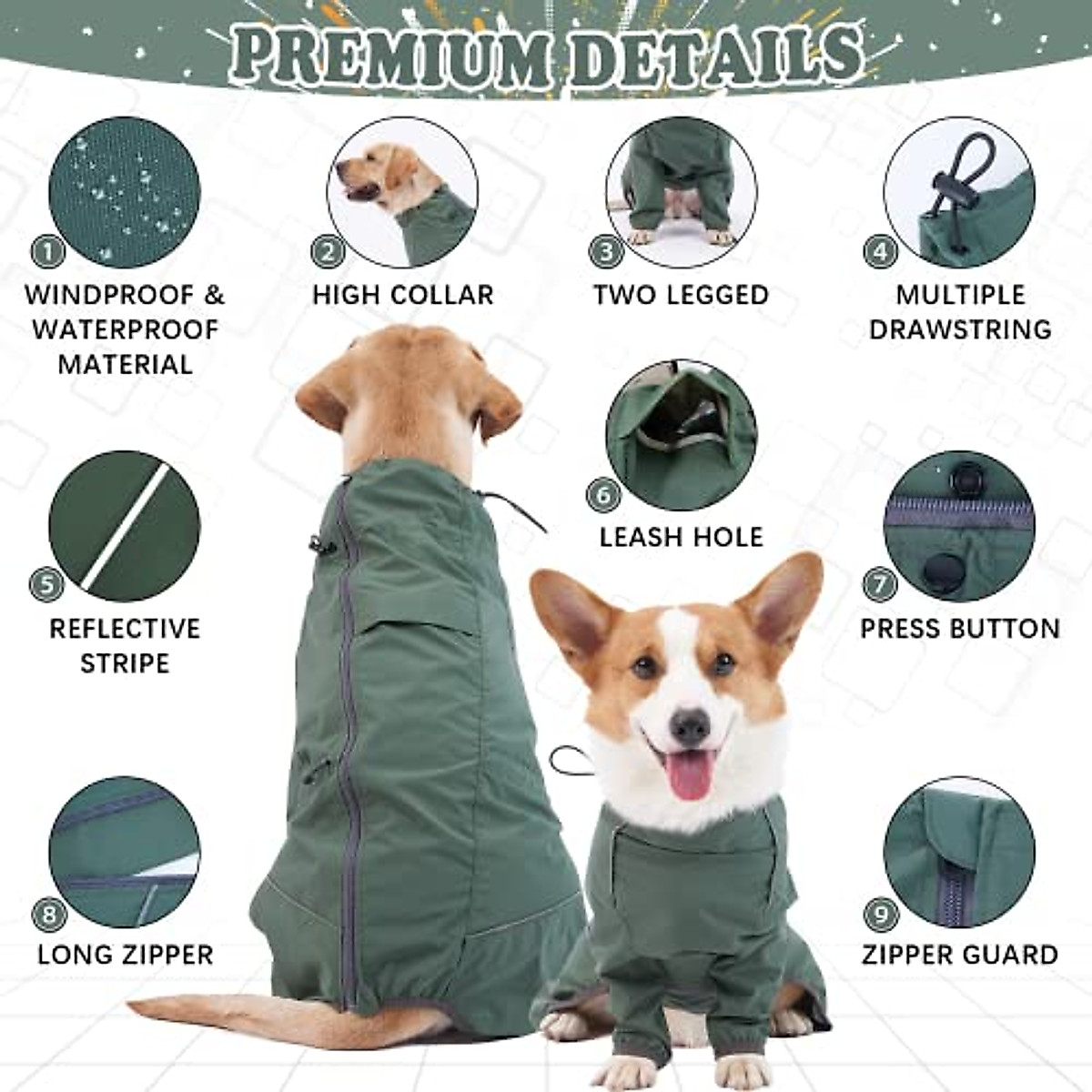 ROZKITCH Dog Jacket Waterproof Dog Raincoat with Zipper Harness Opening Reflective Strip for Small Medium Large Dog, Windproof Adjustable Rainwear with Two Leg Protectors High Collar, Pet Vest Green