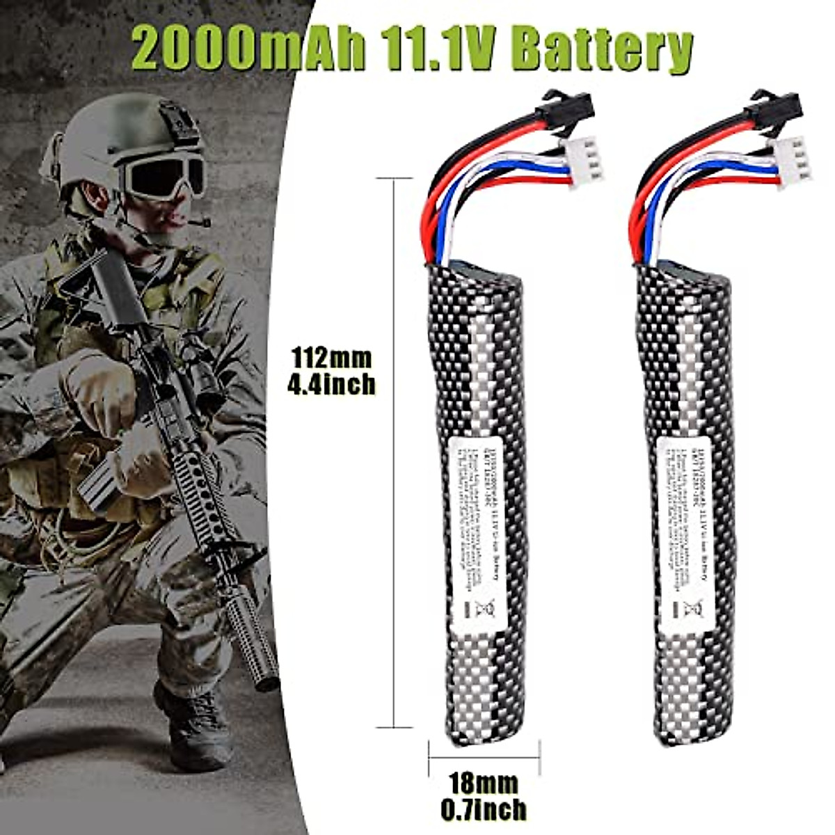 VICMILE Airsoft Battery 11.1V 2000mAh SM2P Plug with USB Charger Compatible with Airsoft Gel Water Bead Blaster Rechargeable Batteries 2PACK