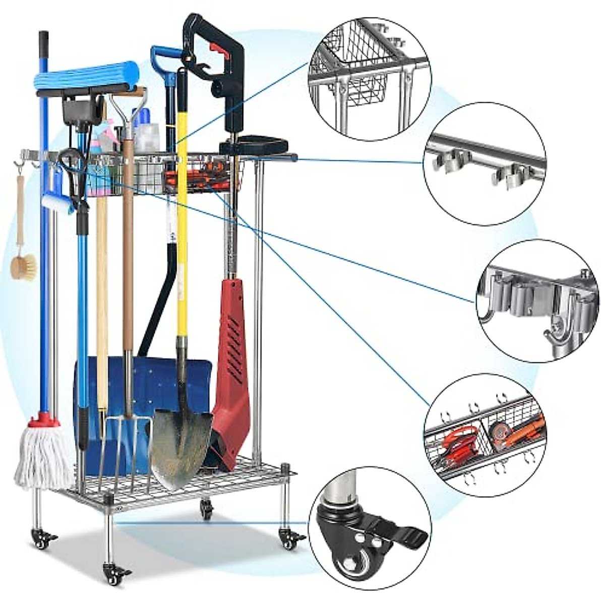 Balaipor Stainless Steel Garden and Yard Tool Organizer Tower Rack Storage Holder with Wheels for Garage, Garden, Shed (Floor Standing)