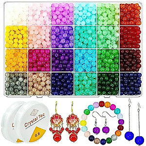 1680pcs 6mm Glass Beads for Jewelry Making, 24 Colors Crystal Gemstone Bracelet Making Bead Round DIY Craft Beads with 2 Rolls Elastic Thread for DIY Craft Earrings Necklace Bracelet(24 Colors-6MM)