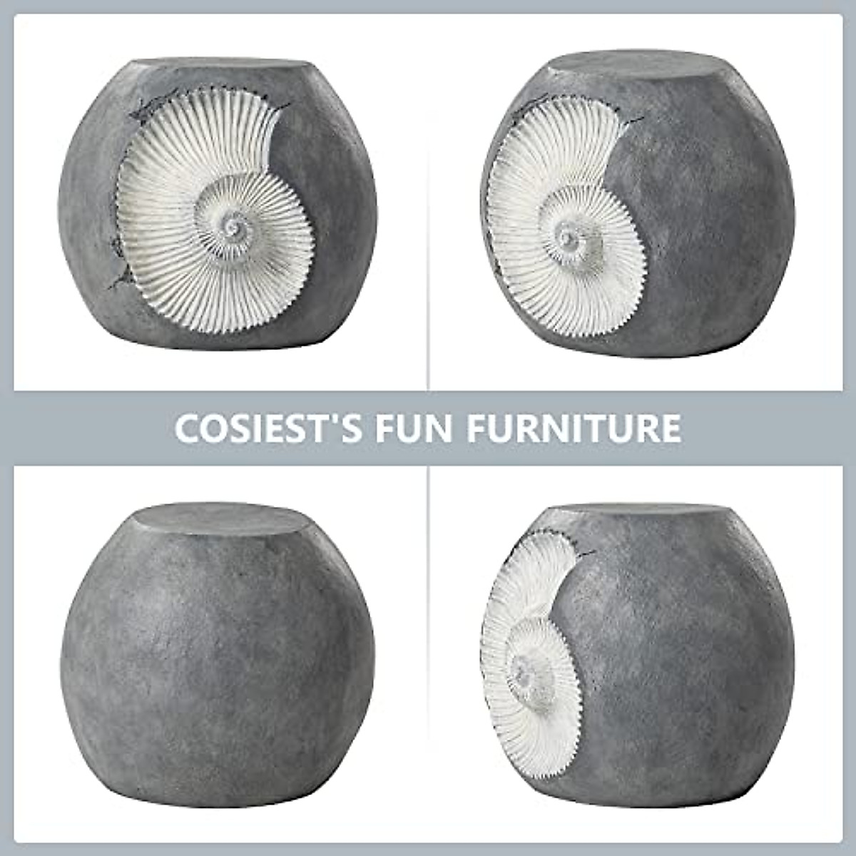 COSIEST Nautilus Sculpture End Table, 15.8x15 inch Concrete Finish Accent Table, Round Side Table for Garden Yard Patio, Light Gray