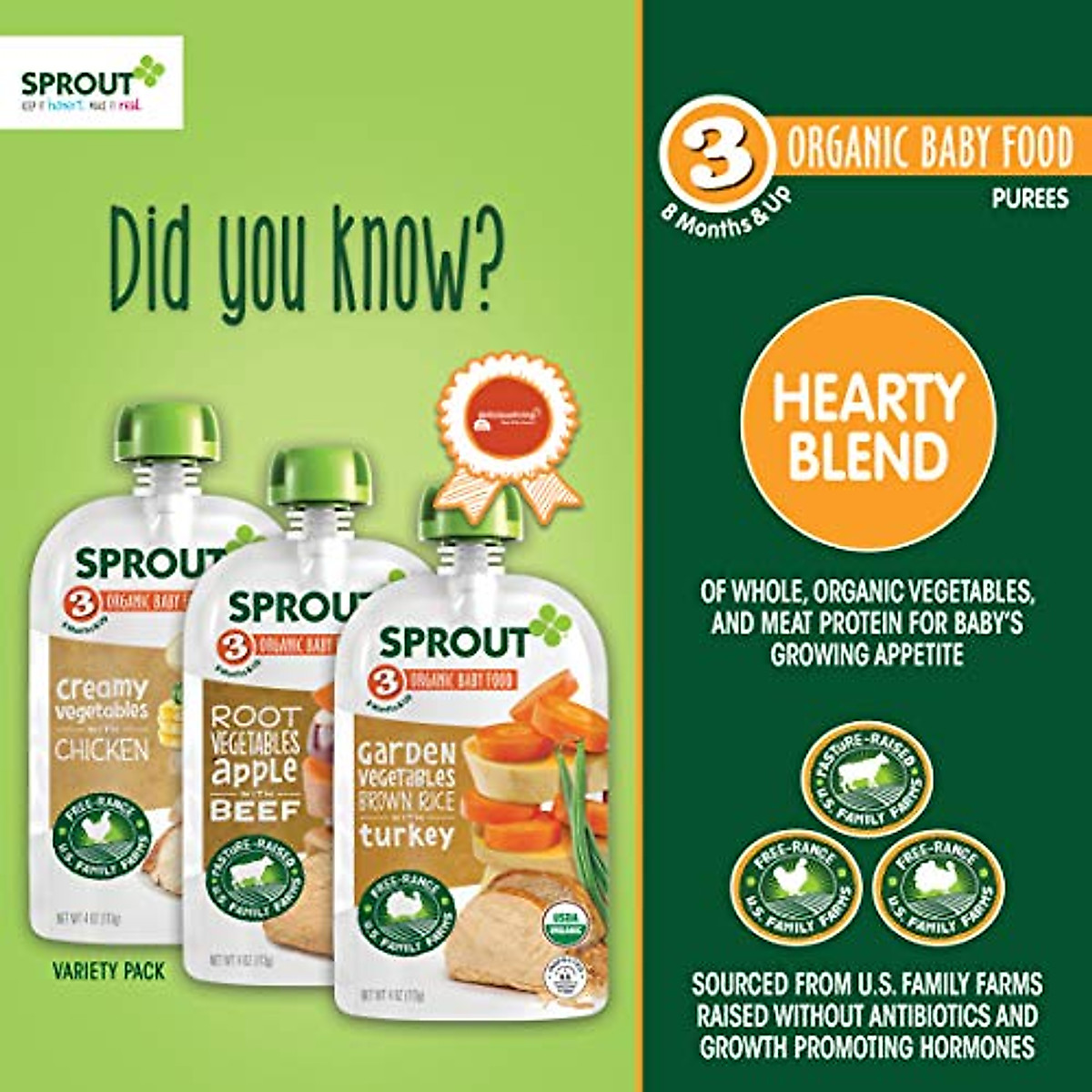 Sprout Organic Baby Food, Stage 3 Pouches, Root Veg & Beef, Creamy Veg & Chicken, Garden Veg & Turkey Variety Pack, 4 Oz Purees (Pack of 18)