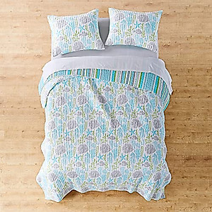 Levtex Home - Deva Beach Quilt Set -Twin Quilt + One Standard Pillow Sham - Coastal - Teal, Grey, Green and White - Quilt Size (68x86in.) and Pillow Sham Size (26x20in.) - Reversible - Cotton