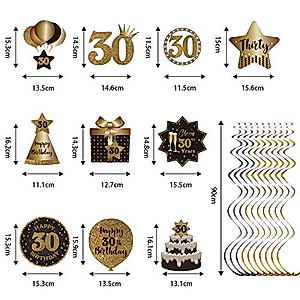 Happy 30th Birthday Party Hanging Swirls Streams Ceiling Decorations, Celebration 30 Foil Hanging Swirls with Cutouts for 30 Years Old Black and Gold Birthday Party Decorations Supplies