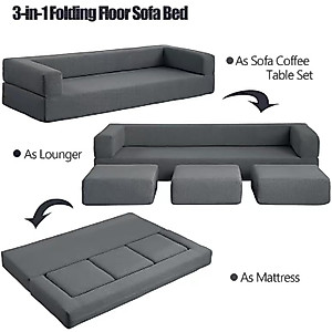 Uoobmope Convertible Floor Sofa Bed, Foldable Sofa Couch with 3 Ottomans, Memory Foam Fold Out Sleeper, Folding Mattress Futon Sofa Bed for Living Room/Bedroom/Studio-Dark Grey