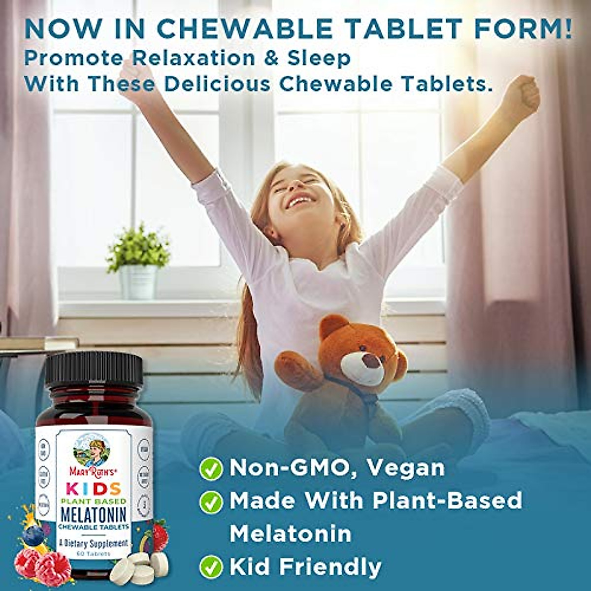 MaryRuth Organics Melatonin | 2 Month Supply | Kids Melatonin Chewable Tablets Ages 4+ | St Johns Wart | Valerian Root | Lemon Balm | Vegan | Non-GMO | Gluten Free | 60 Servings
