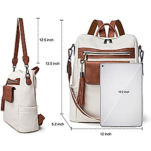 CASEEK Womens Backpack Purse Leather: Fashion Convertible Ladies Shoulder Bag Waterproof Anti theft with Wristlet (Beige With Brown)