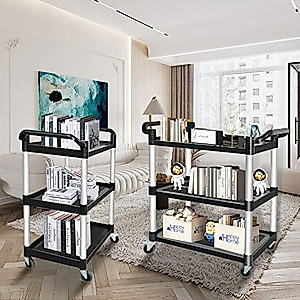 MAYNIYJK Plastic Utility Carts with Wheels, 3-Tier Restaurant Cart, Heavy Duty Rolling Cart Food Service Cart 420LBS, Bus Cart with Lockable Wheels and Rubber Hammer for Warehouse/Kitchen, Black