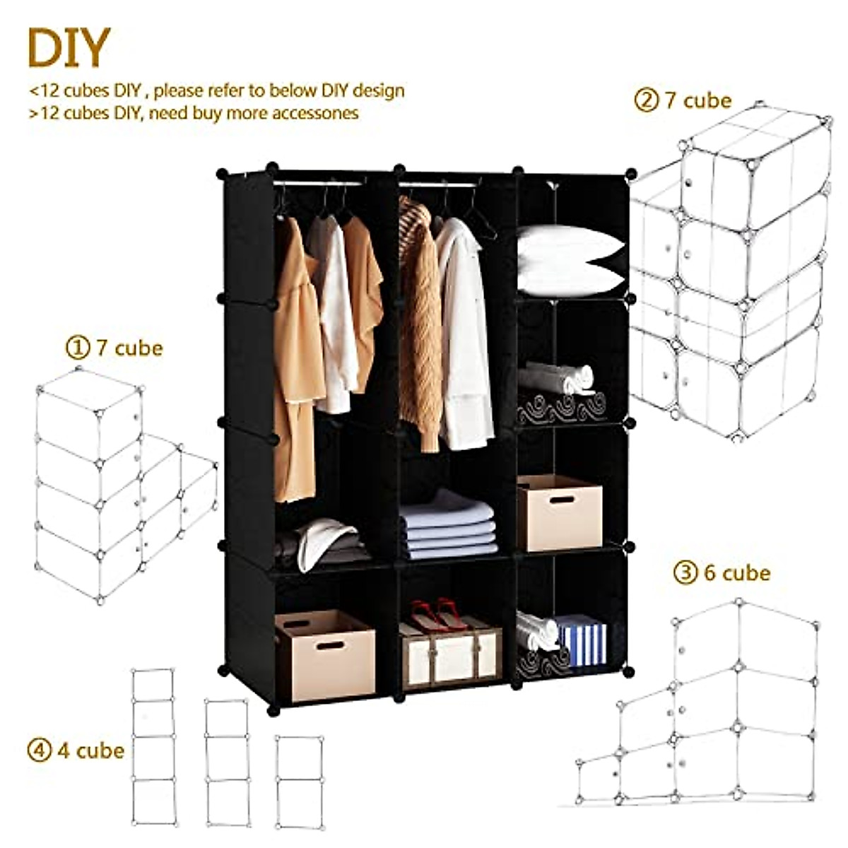 BRIAN & DANY Portable Closet Wardrobe - Cube Storage Organizer, Plastic Clothing Cabinet, Bedroom Armoires for Toys, Shoes, Clothes - More 30% Capacity Than Normal - 12 Cubes, Black