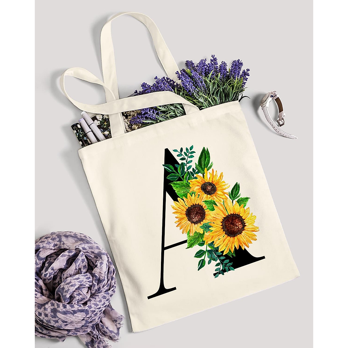 AUSVKAI Canvas Tote Bag Aesthetic for Women, Cute Sunflower Initial Trendy Monogram Personalized Initial Birthday Reusable Cloth Cotton Bags with Handle for Grocery College Shopping Beach