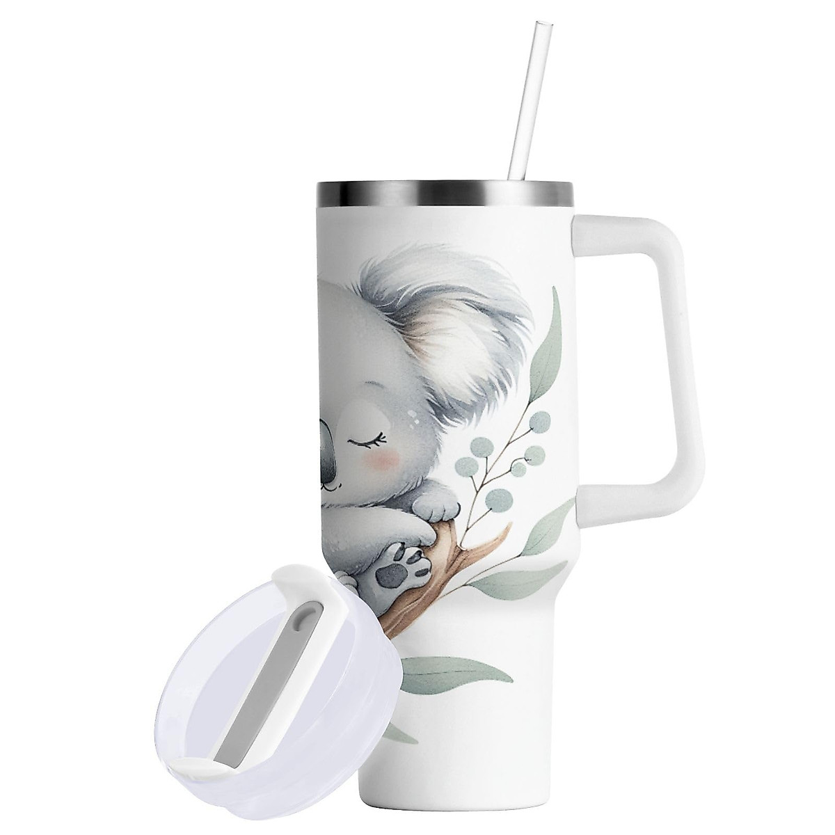Jihqo Cute Sleeping Koala 40 oz Stainless Steel Vacuum Insulated Tumbler with Handle and Straw Lid, Leakproof Water Bottle Double Wall Travel Mug Coffee Cup, Cupholder Friendly