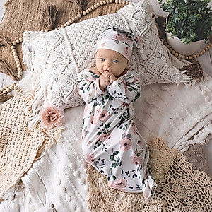 Giggle Angel Newborn Baby Sleeper Gown Knotted Gown Baby Girl Coming Home Outfits 2-Piece Gown and Hat Set 0-3 Months (pinkleaf)