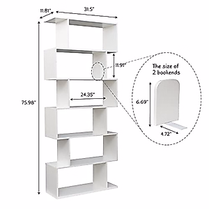 Boloni Geometric Bookcase with 2 Bookends, 6 Tier Modern Bookshelf, 76in Tall White Bookshelf, Freestanding Lego Display Shelves