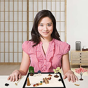 Yoquare Mini Zen Garden Kit - 10" x 7" Upgraded Zen Garden for Desk with 18 Accessories Sand Garden Decoration Included Sand Tray,Zen Garden Rake,Trees,Pagoda,Bridge,Pavilion,Boat Zen Gifts Women