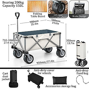 YJSG White Collapsible Folding Wagon Garden Cart,Garden Carts,Beach Wagon Grocery Wagon Wagon Sports with Folding Board Beach Wagon Cart 200Kg Load Camping Cart Off-Road Wheels with Brakes